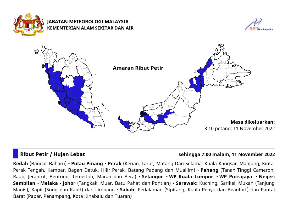 MetMalaysia issues storm warning for 12 states until 7pm Nov 11 | The Star