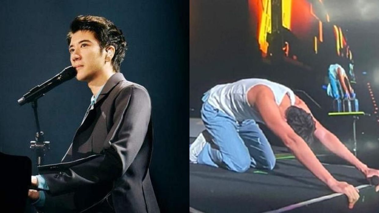 Mandopop singer Wang Leehom kneels and thanks his fans at Taipei ...