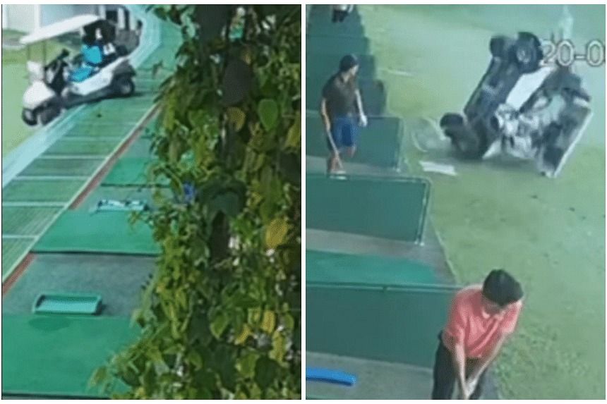 Runaway golf buggy plunges off second tier of driving range at ...