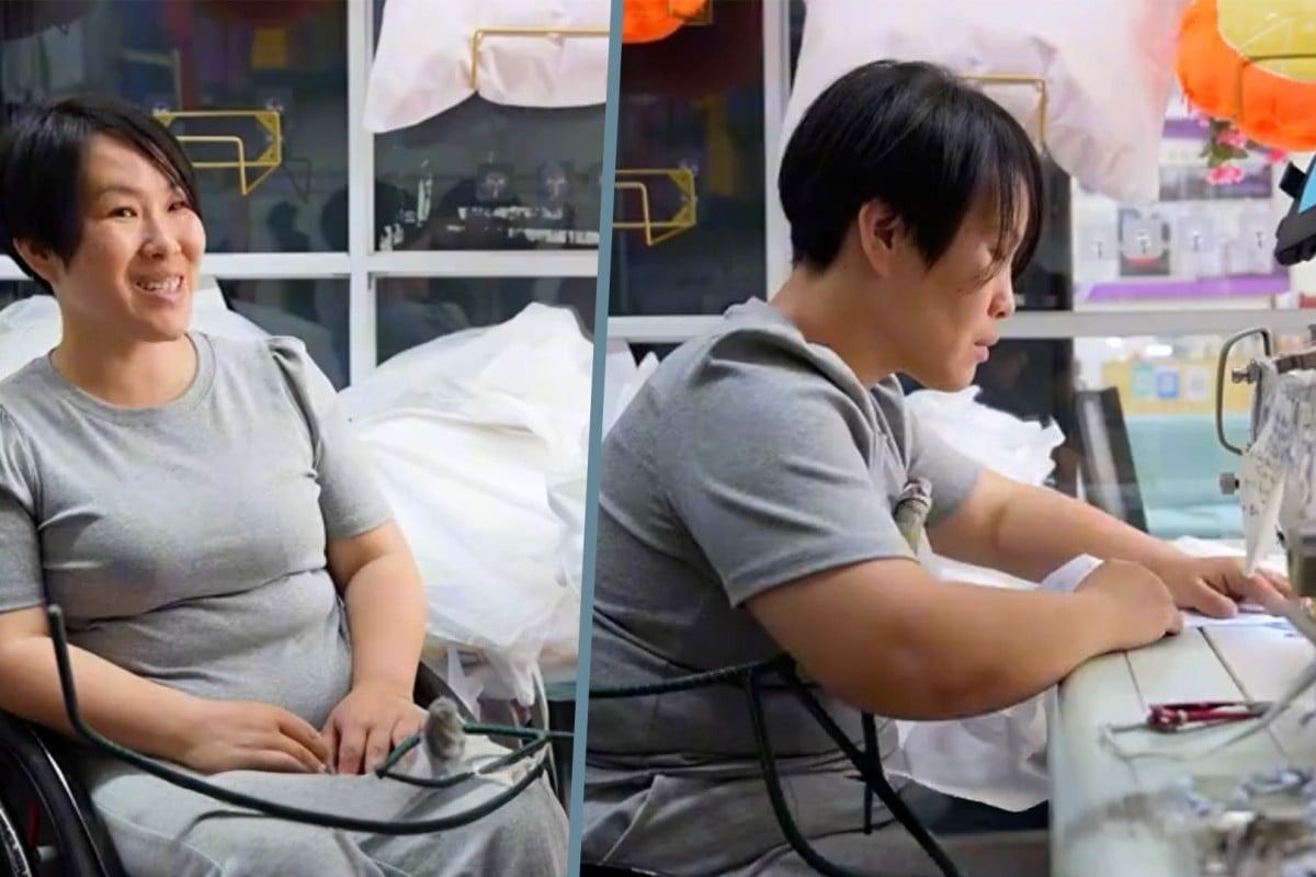 Disabled China woman repairs clothes using stomach muscles to operate ...